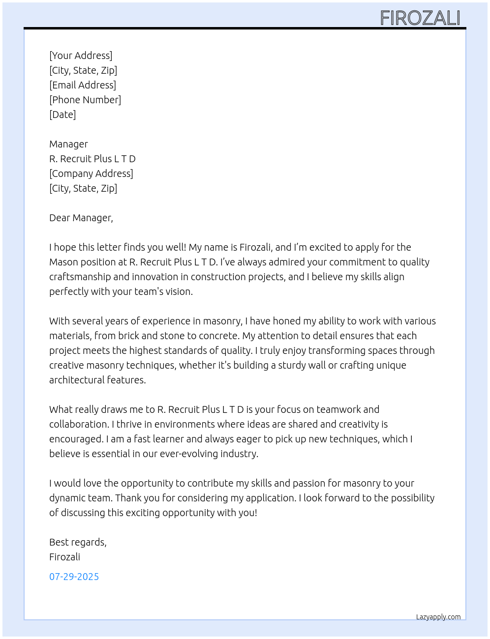 Cover letter for mason - LazyApply