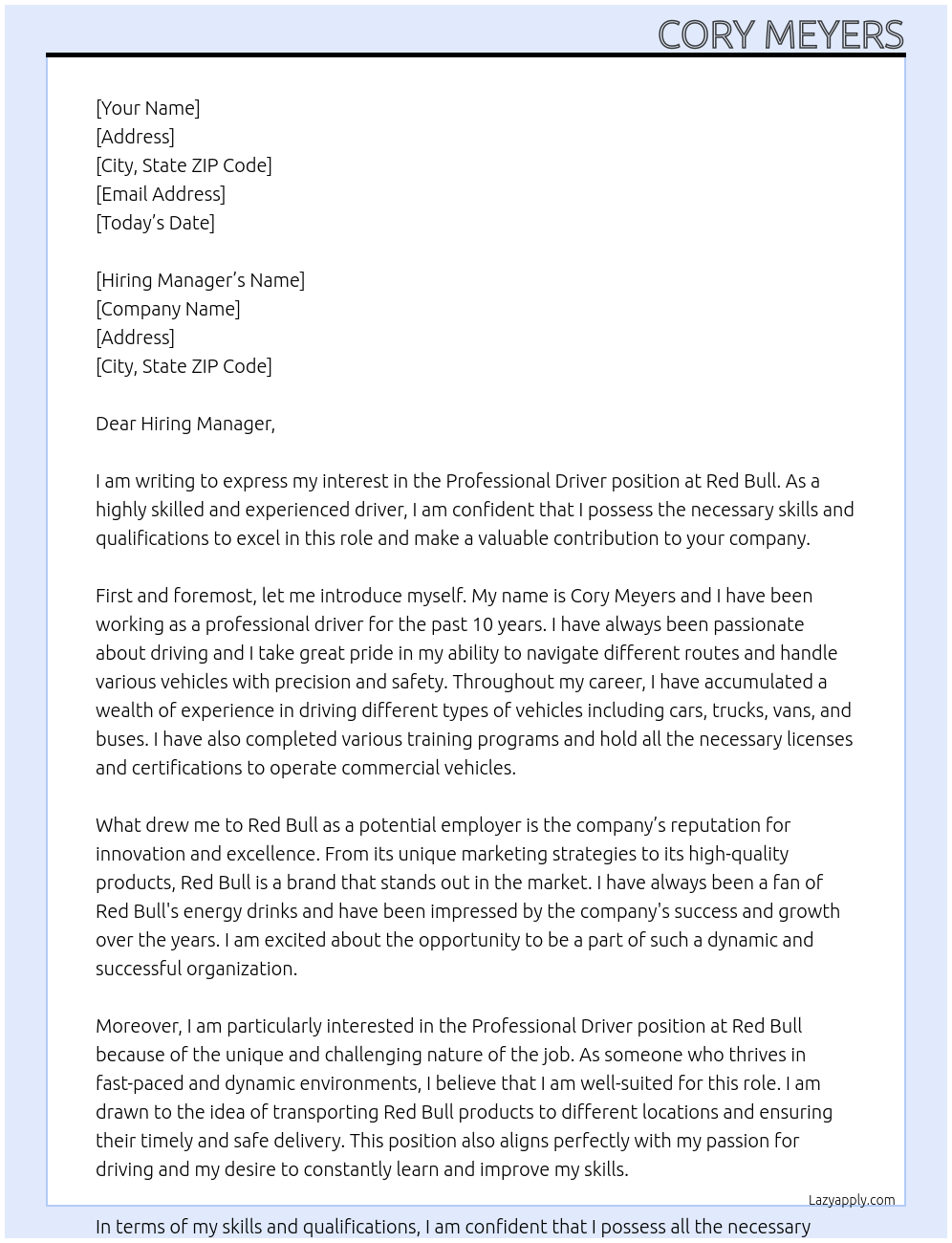 Cover letter for professional driver - LazyApply