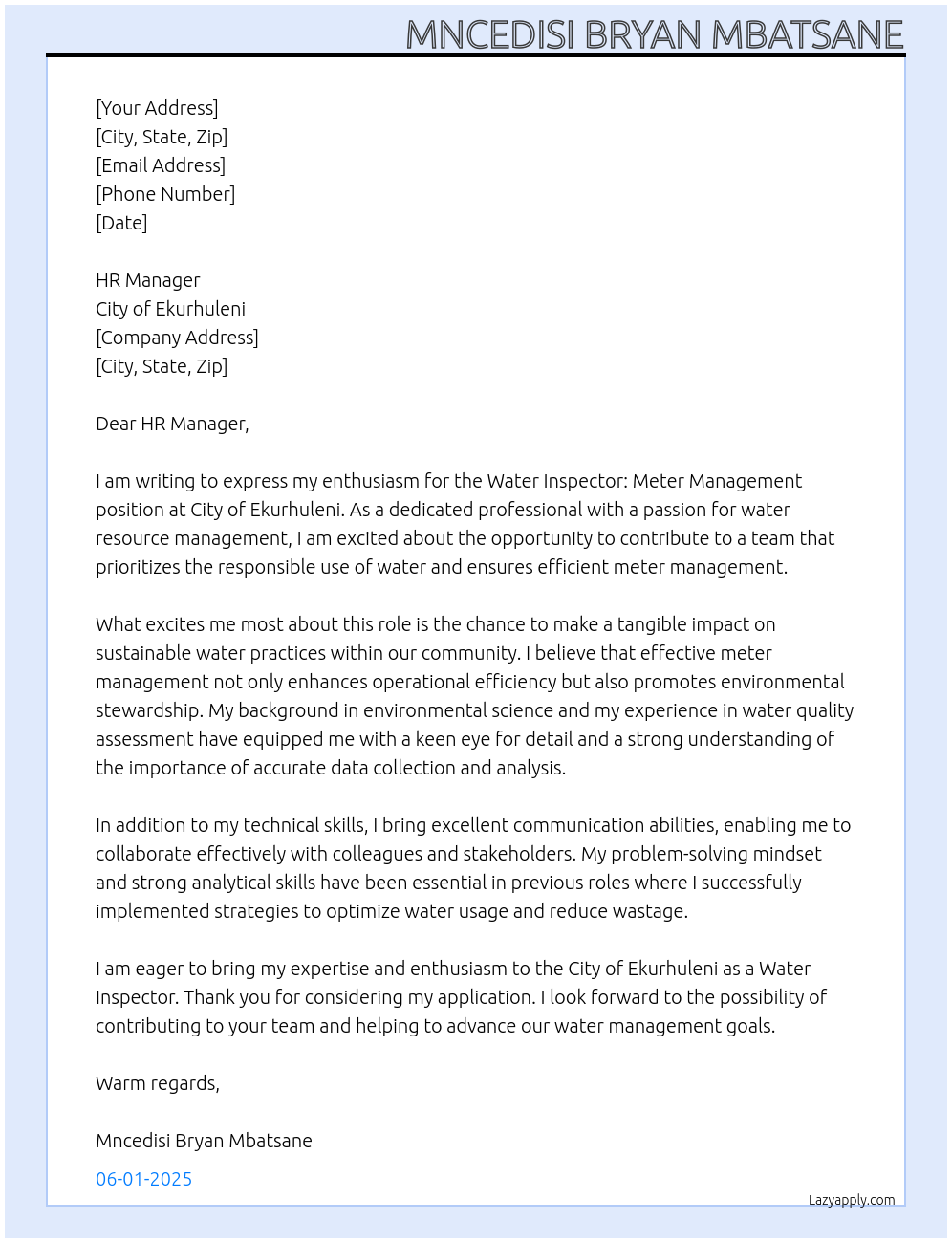 Cover letter for water inspector: meter management - LazyApply