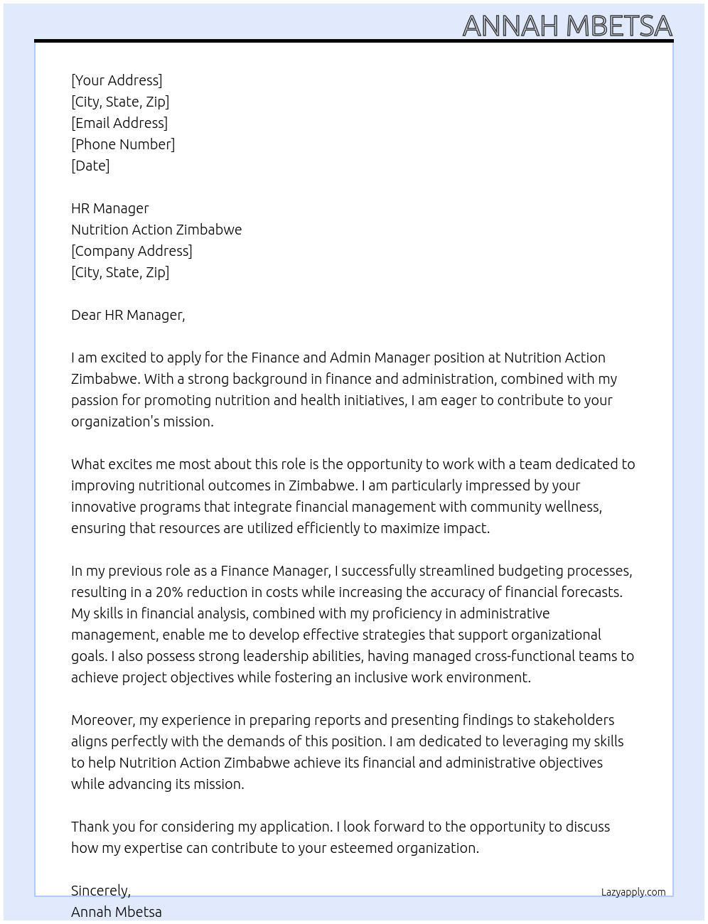 Cover letter for finance and admin manager - LazyApply