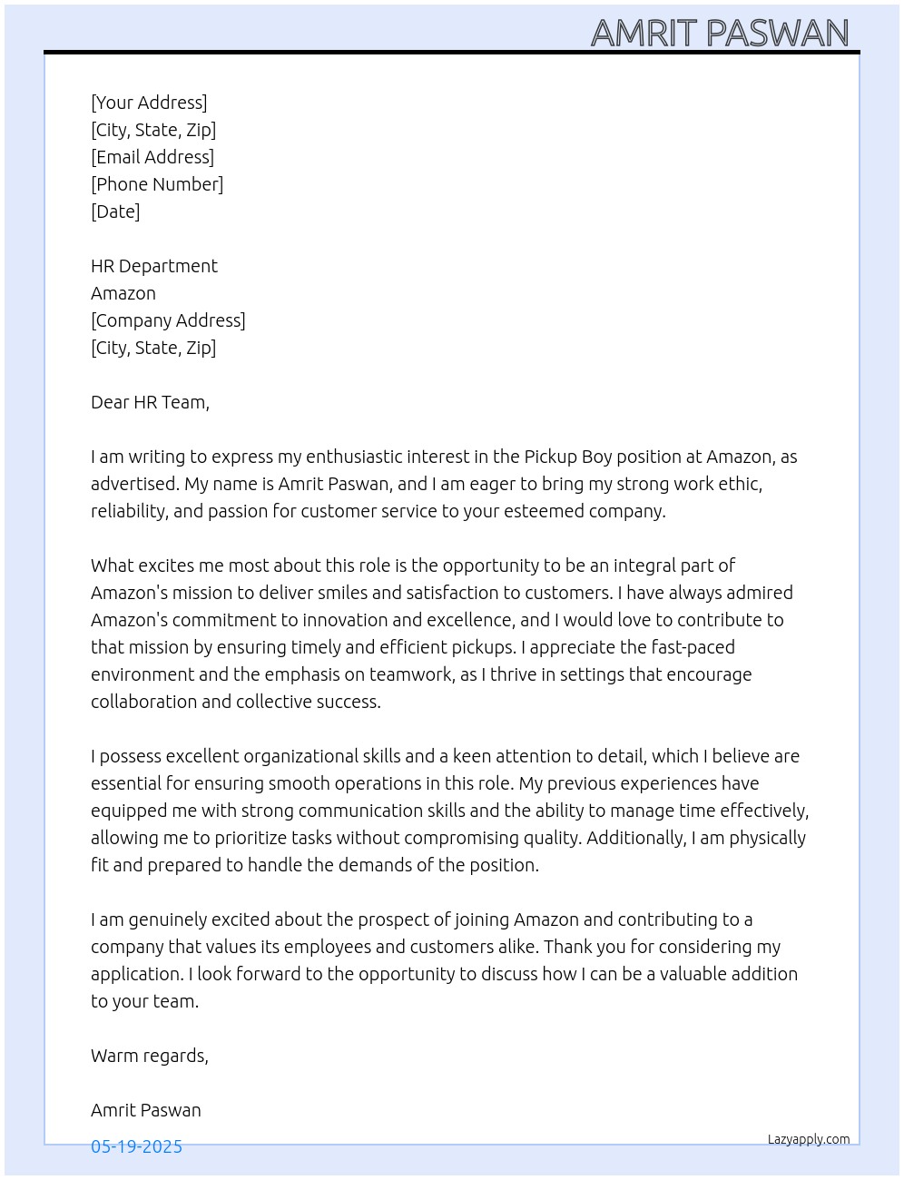 Cover letter for amazon - LazyApply