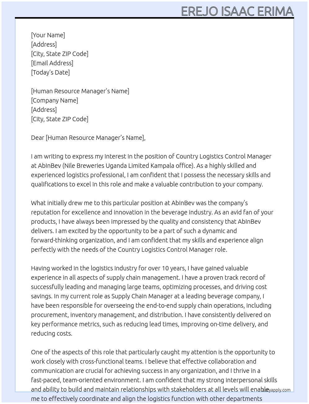 Cover letter for country logistics control manager - LazyApply