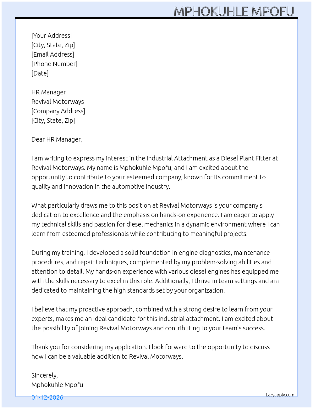 Cover letter for industrial attachment as a diesel plant fitter - LazyApply
