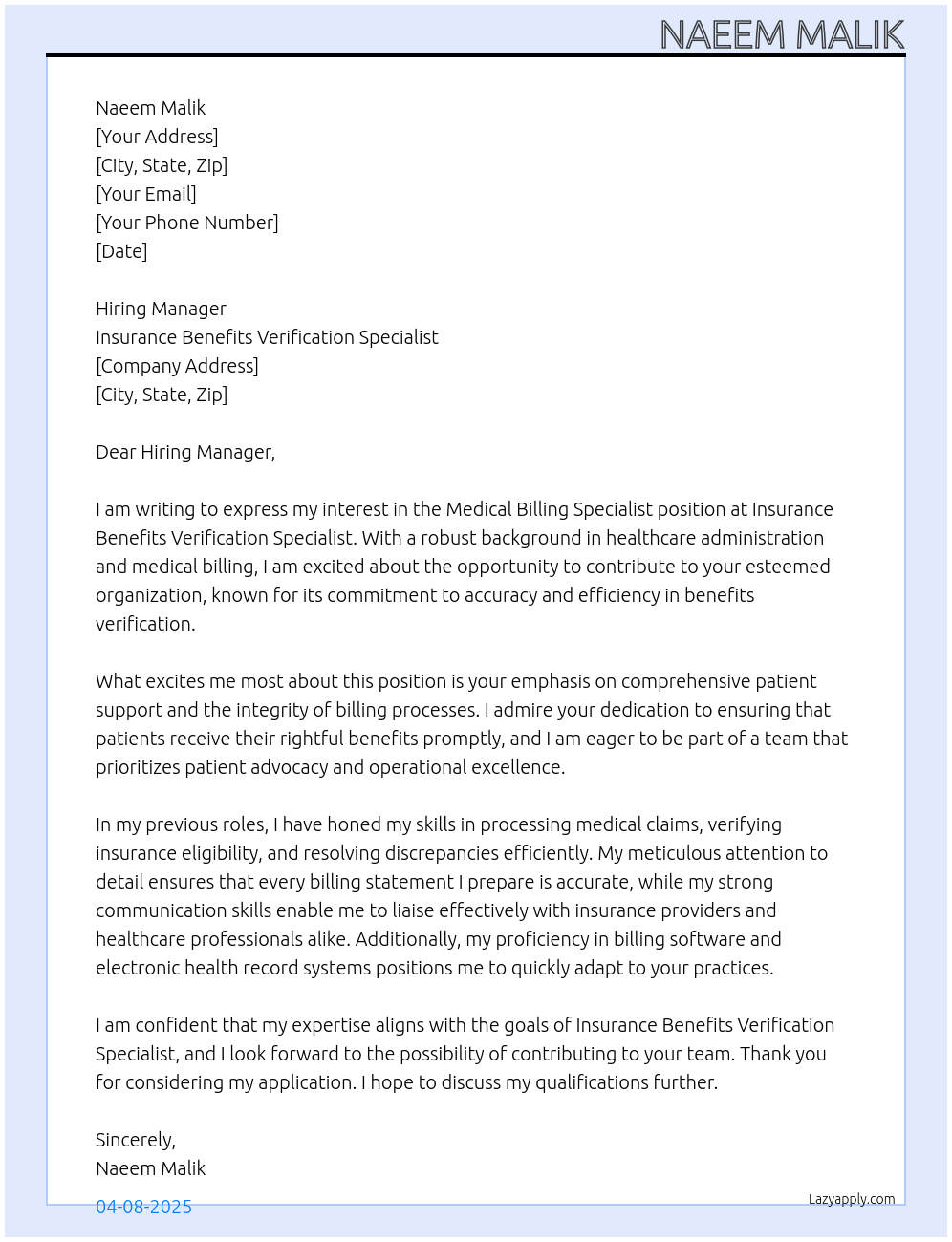 Cover letter for medical billing specialist - LazyApply