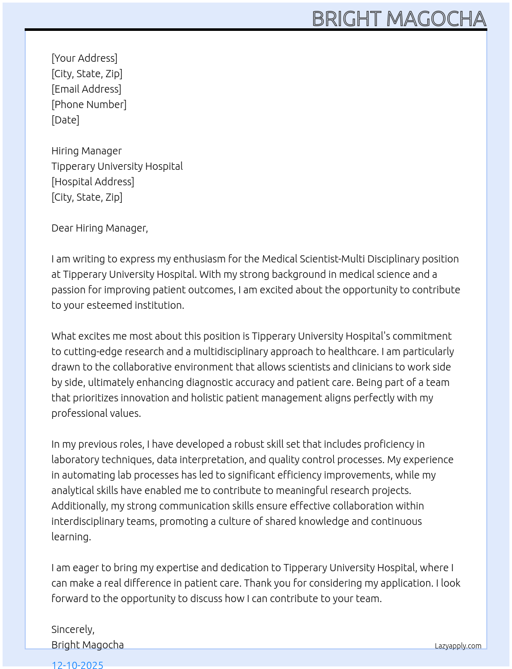 Cover letter for medical scientist-multi disciplinary - LazyApply