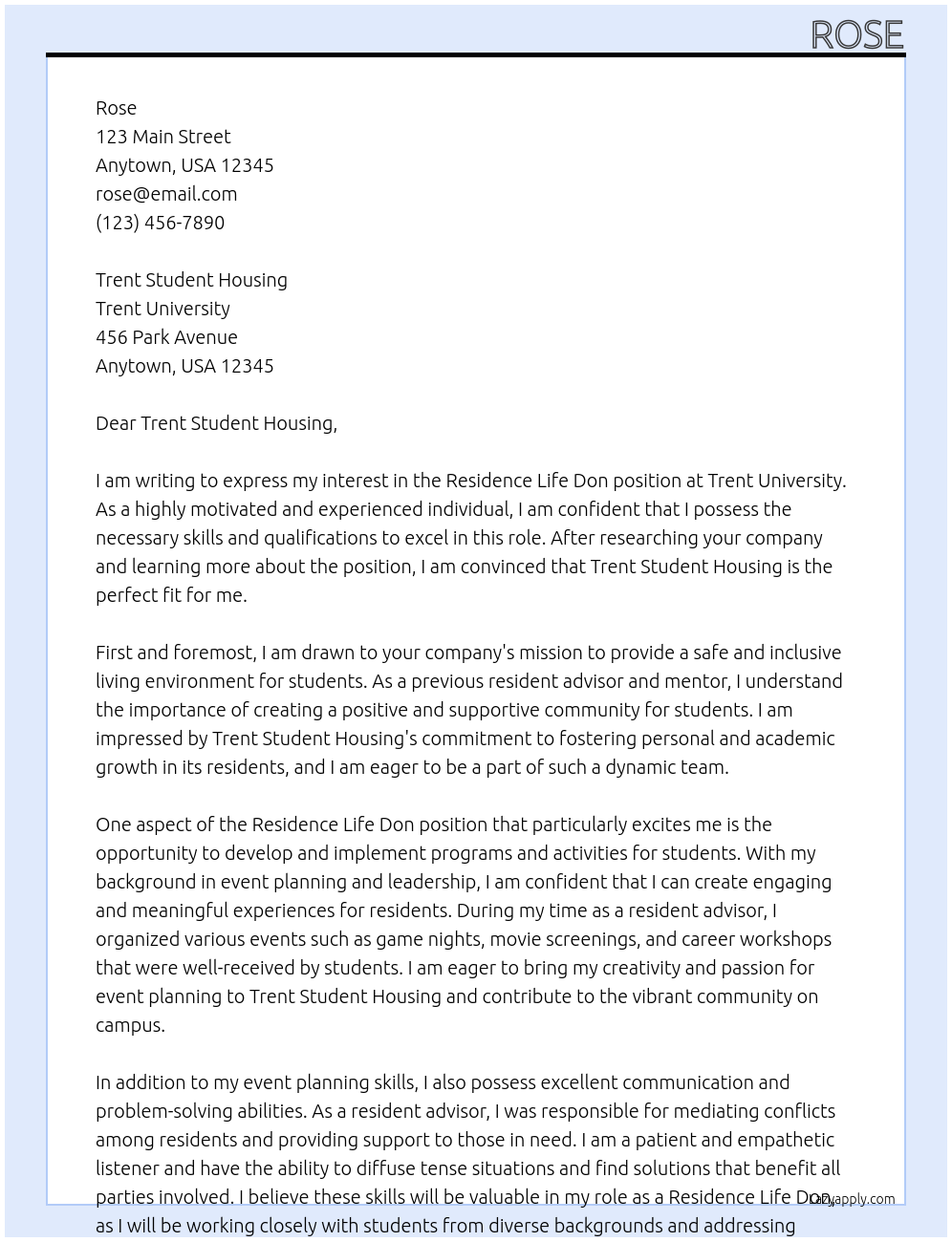 Cover letter for residence life don - LazyApply