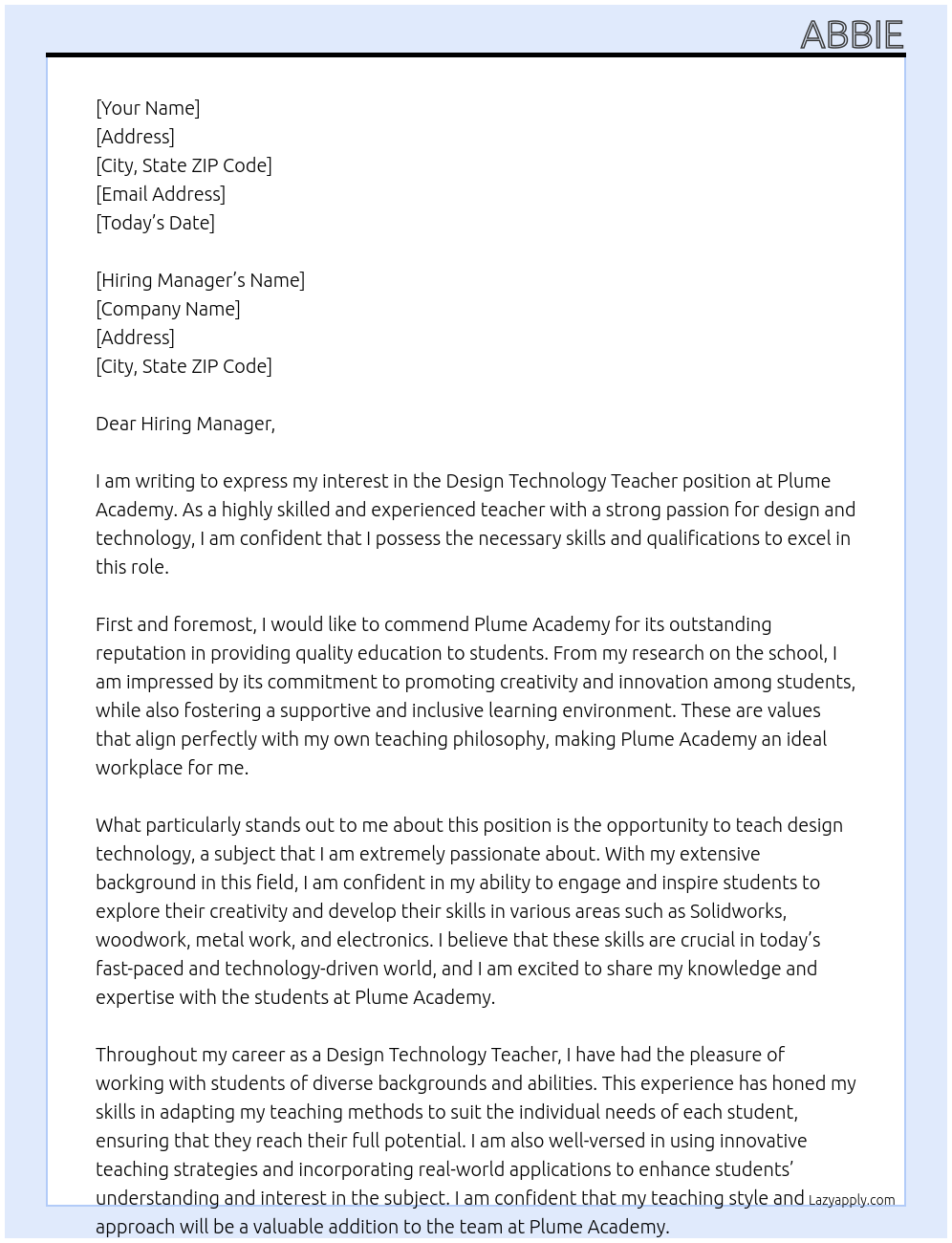 Cover letter for design technology teacher - LazyApply