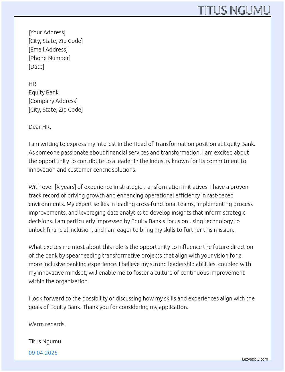 Cover letter for head of transformation - LazyApply