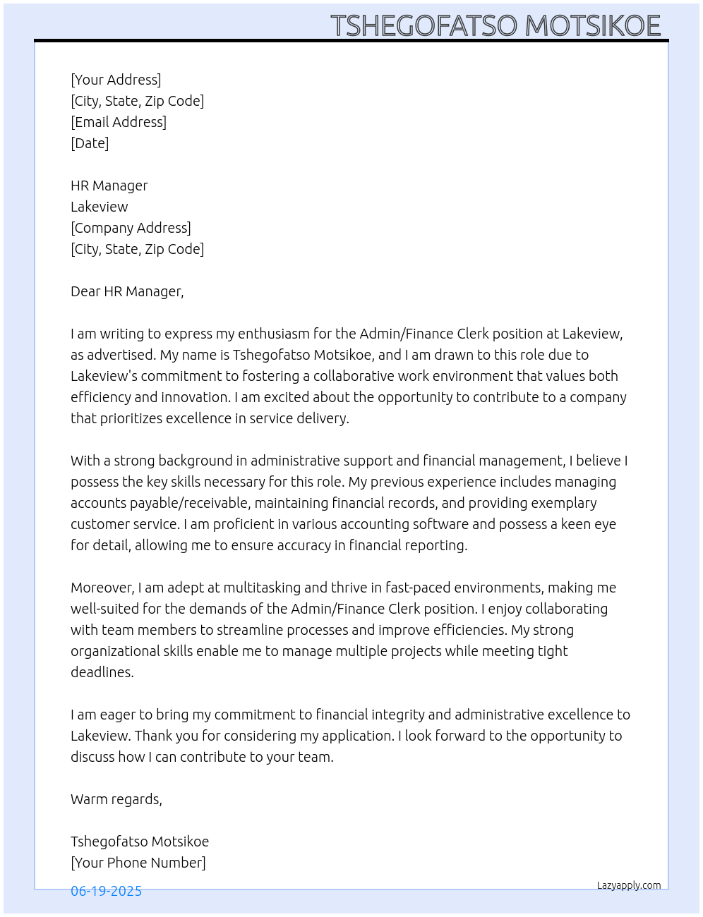 Cover letter for admin/finance clerk - LazyApply