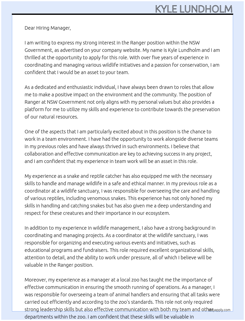 Cover letter for ranger - LazyApply