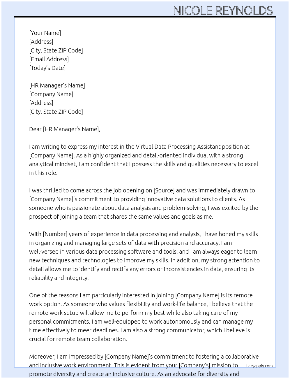 Cover letter for virtual data processing assistant - LazyApply