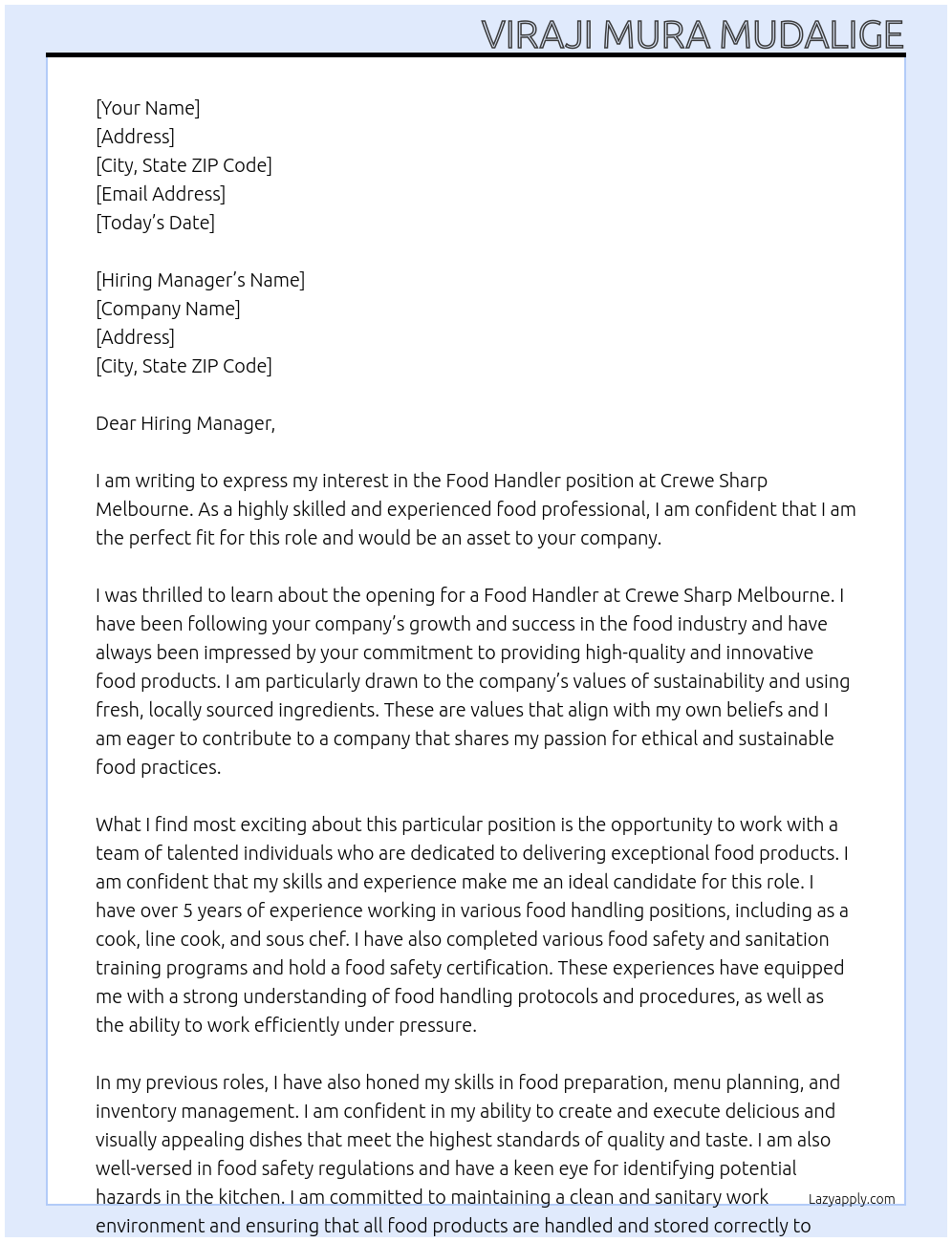 Cover letter for food handler - LazyApply