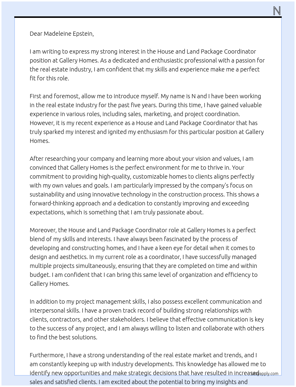 Cover letter for house and land package coordinator - LazyApply