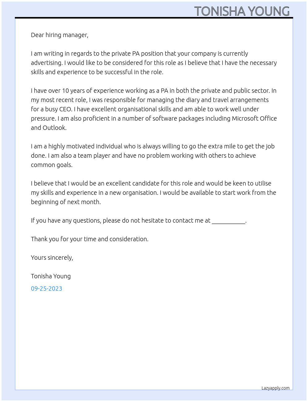 Cover letter for private pa - LazyApply