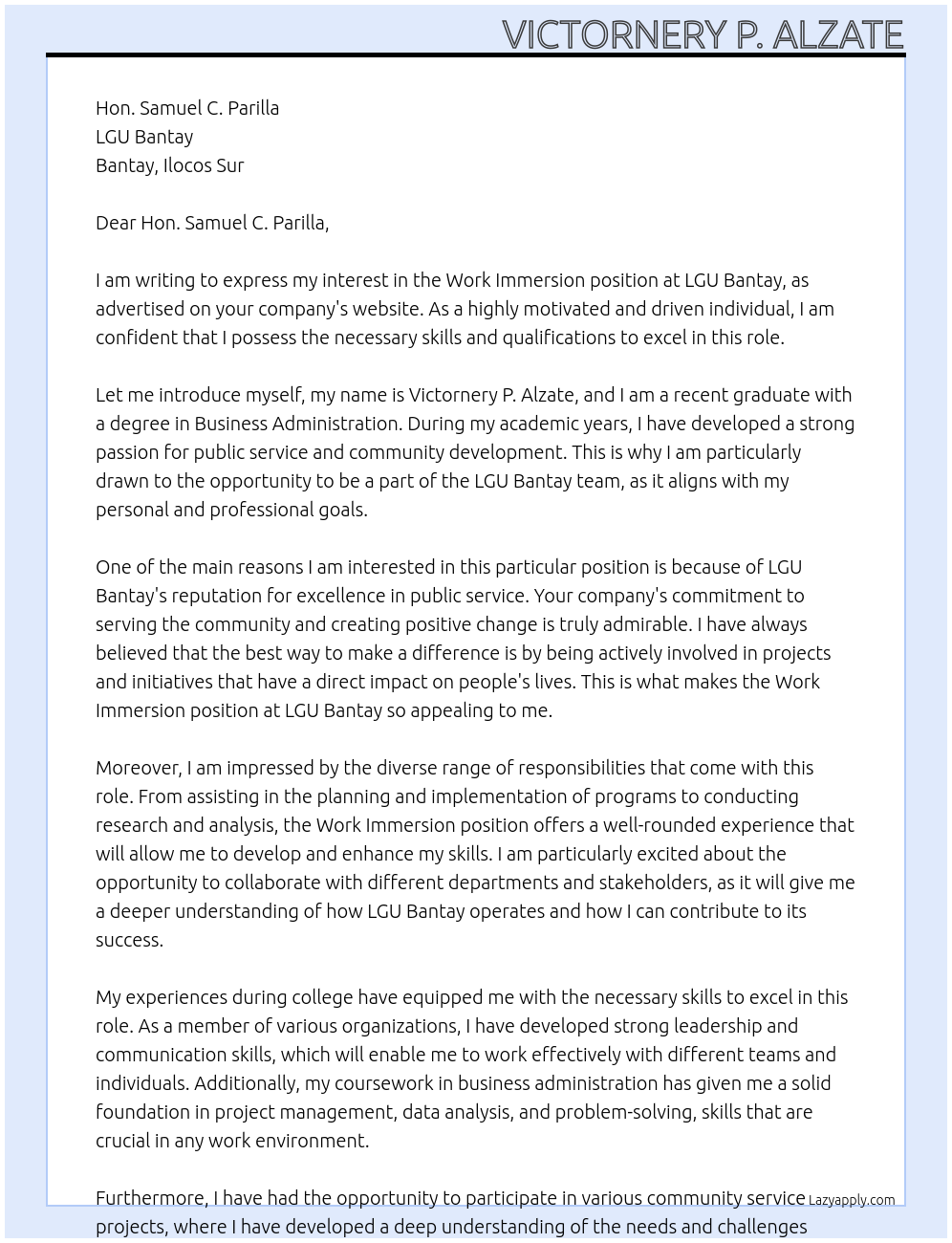 Cover letter for work immersion - LazyApply