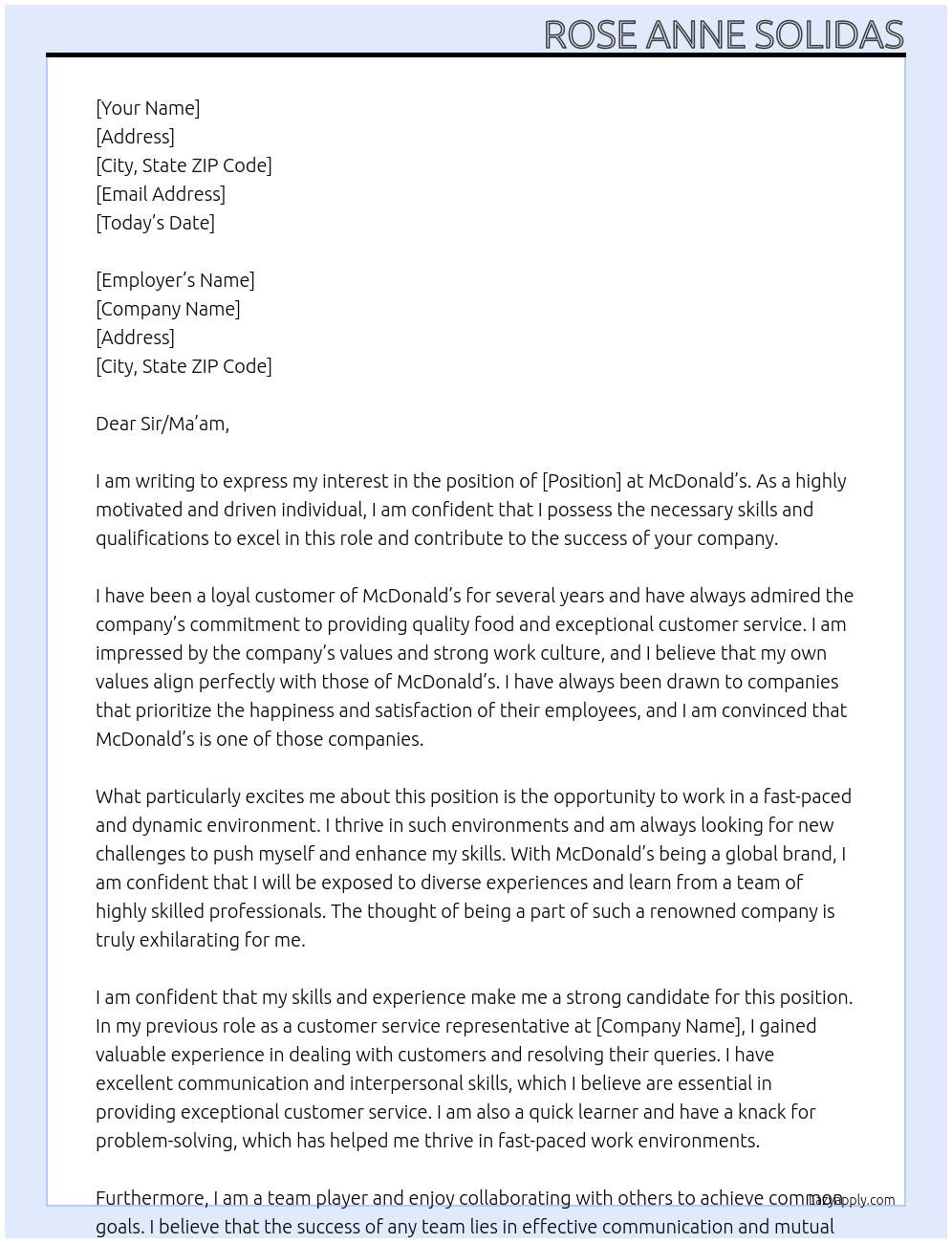 Cover letter for mcdonalds - LazyApply