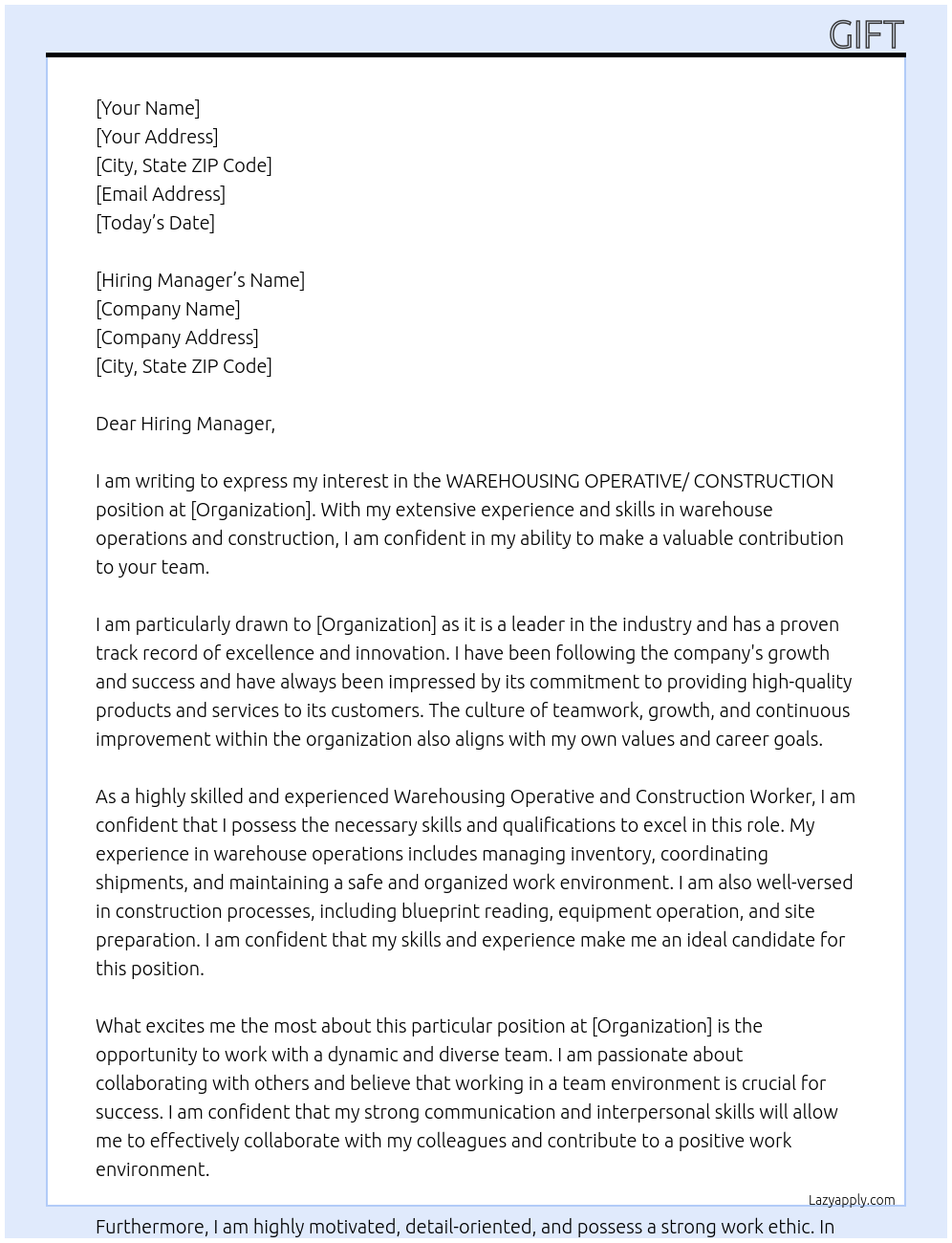 Cover letter for warehousing operative/ construction - LazyApply