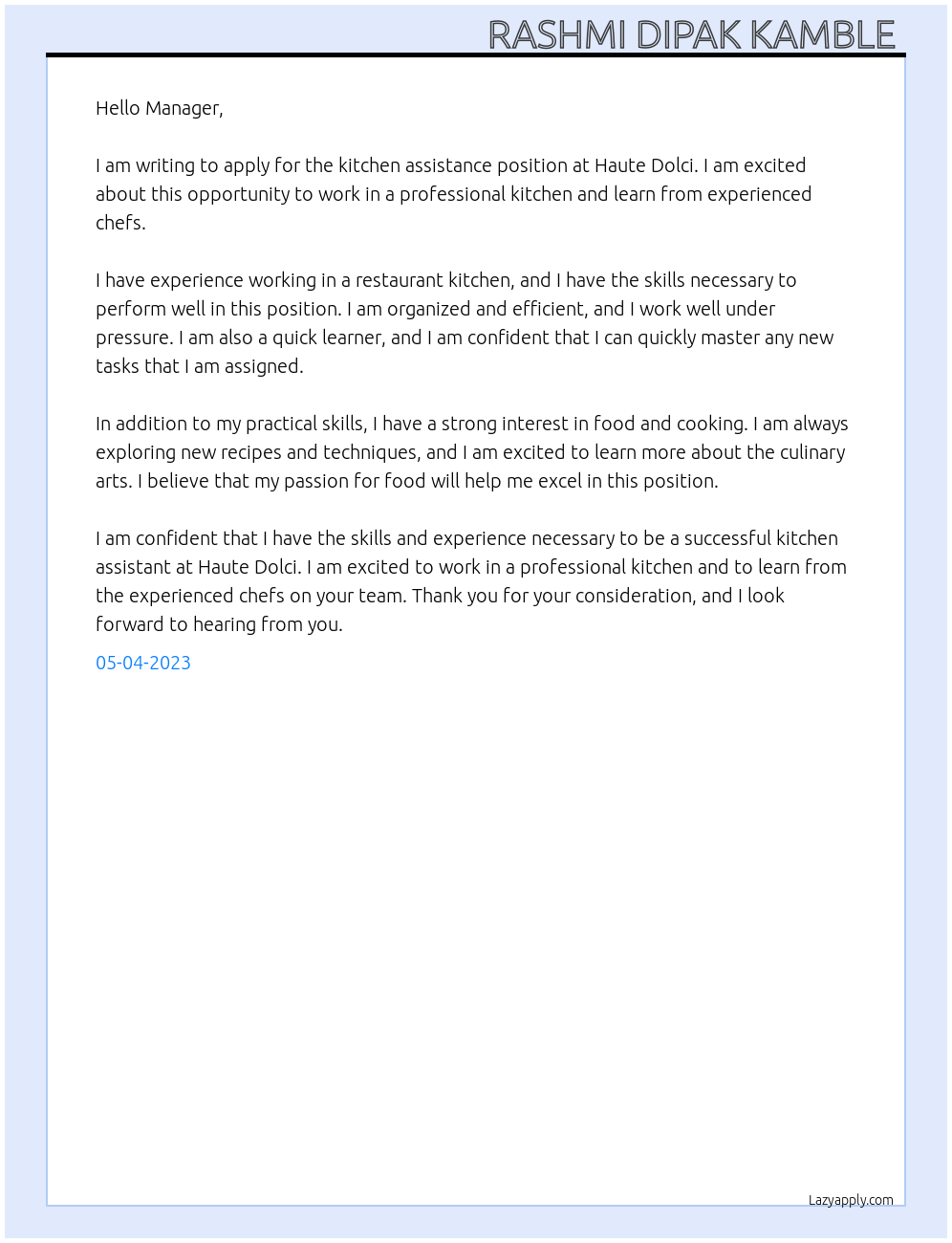 Cover letter for kitchen assistance - LazyApply
