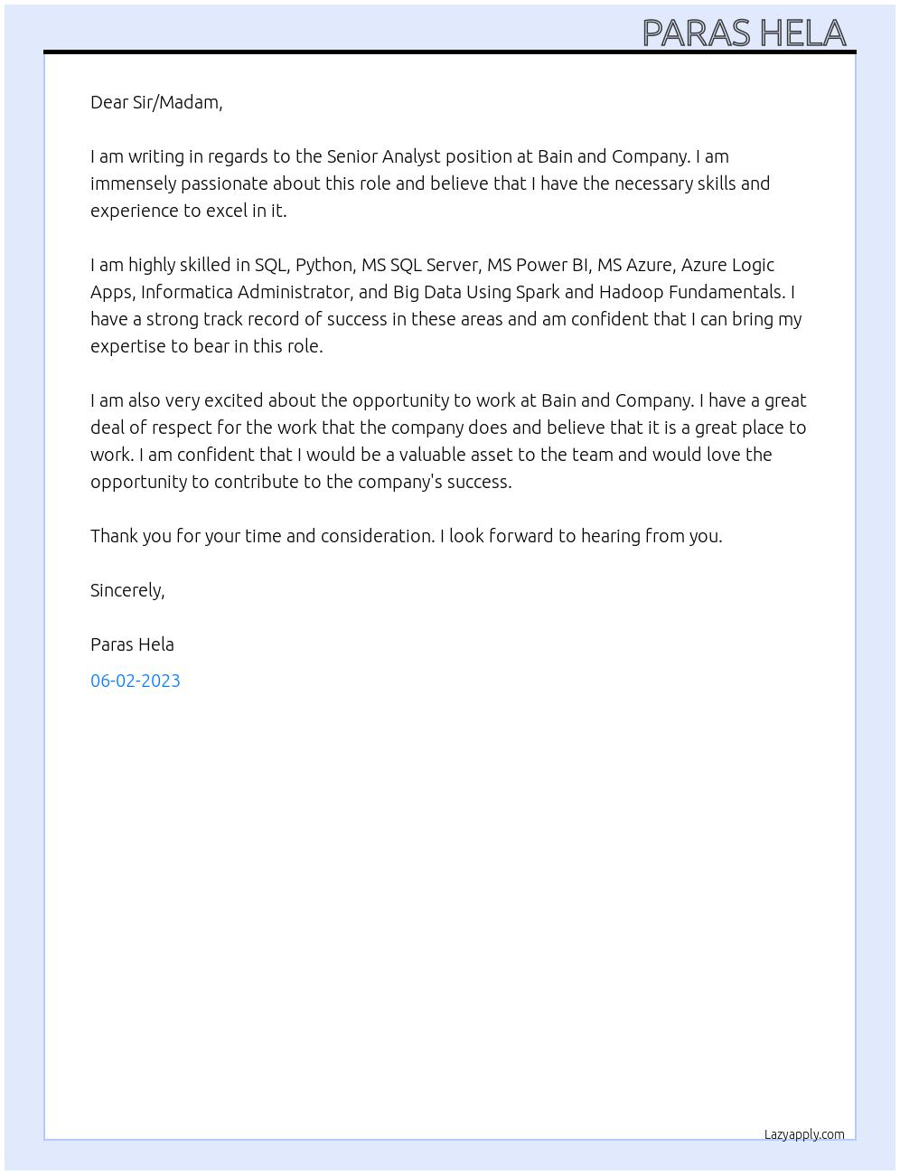 Cover letter for Bain and Company - LazyApply