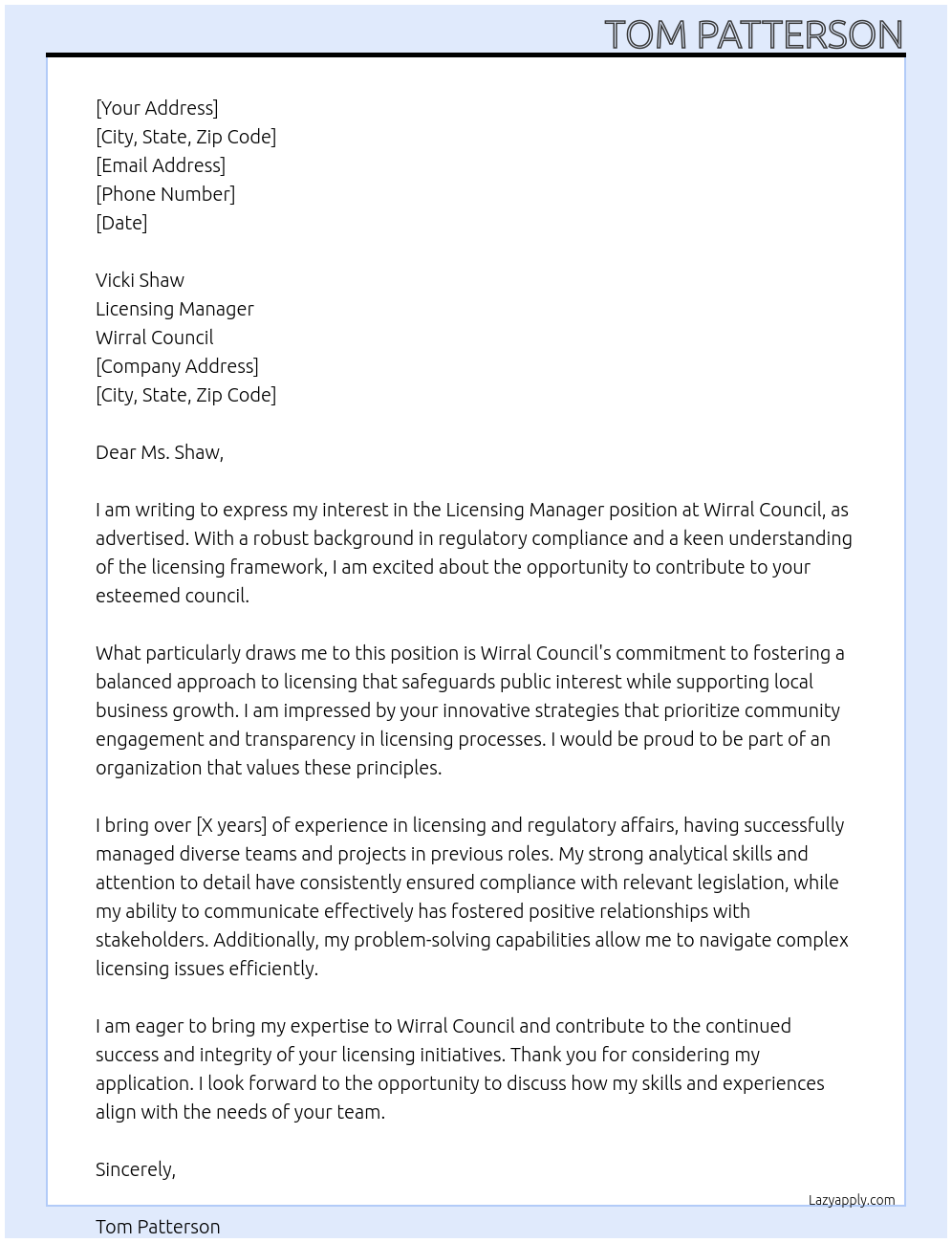 Cover letter for licensing manager - LazyApply