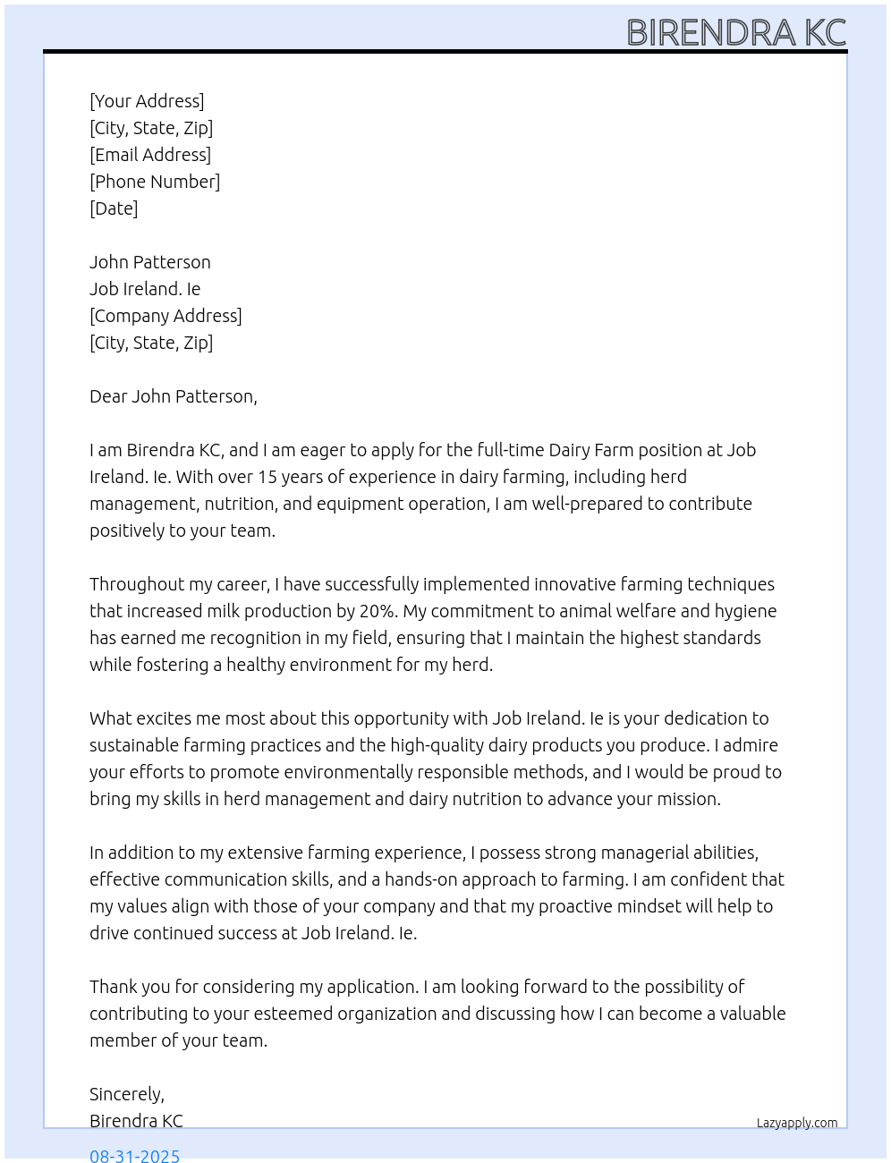 Cover letter for dairy farm - LazyApply