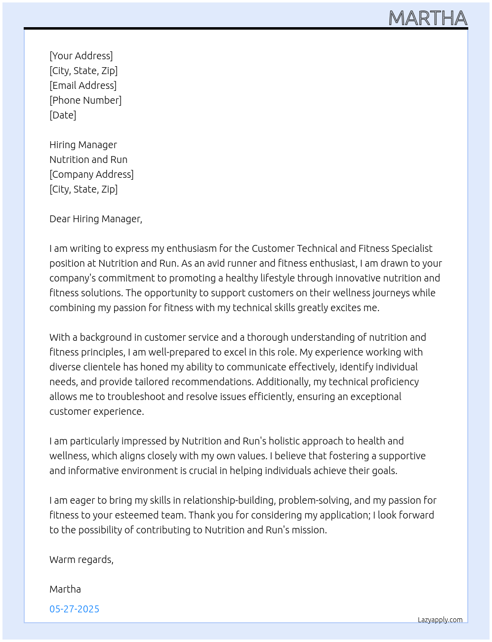 Cover letter for customer customer technical and fitness specialist ...