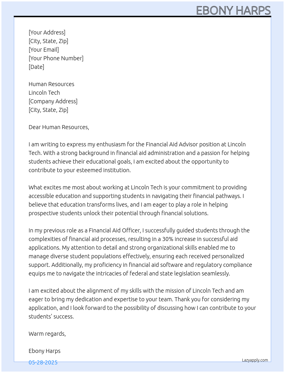 Cover letter for financial aid advisor - LazyApply