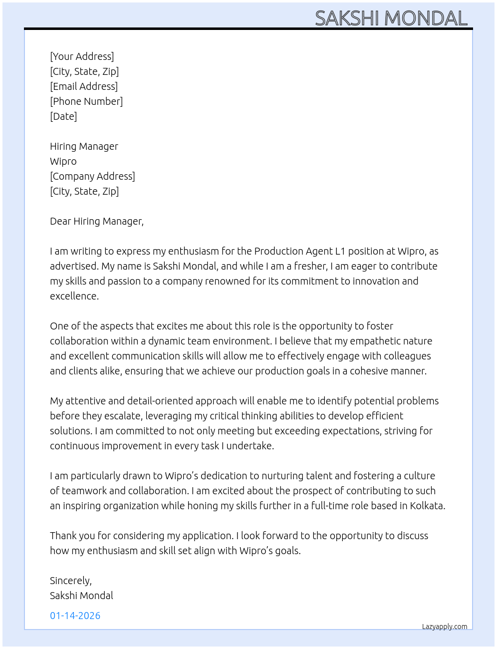 Cover letter for production agent l1 - LazyApply