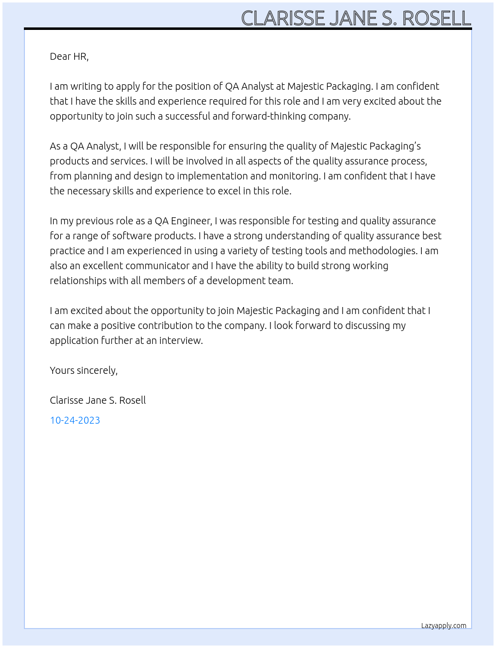 Cover letter for qa analyst - LazyApply