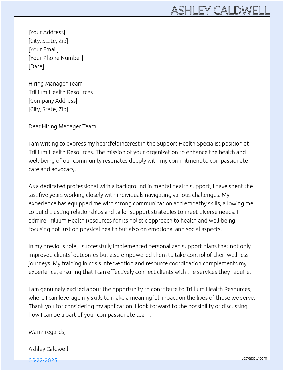 Cover letter for support health specialist - LazyApply