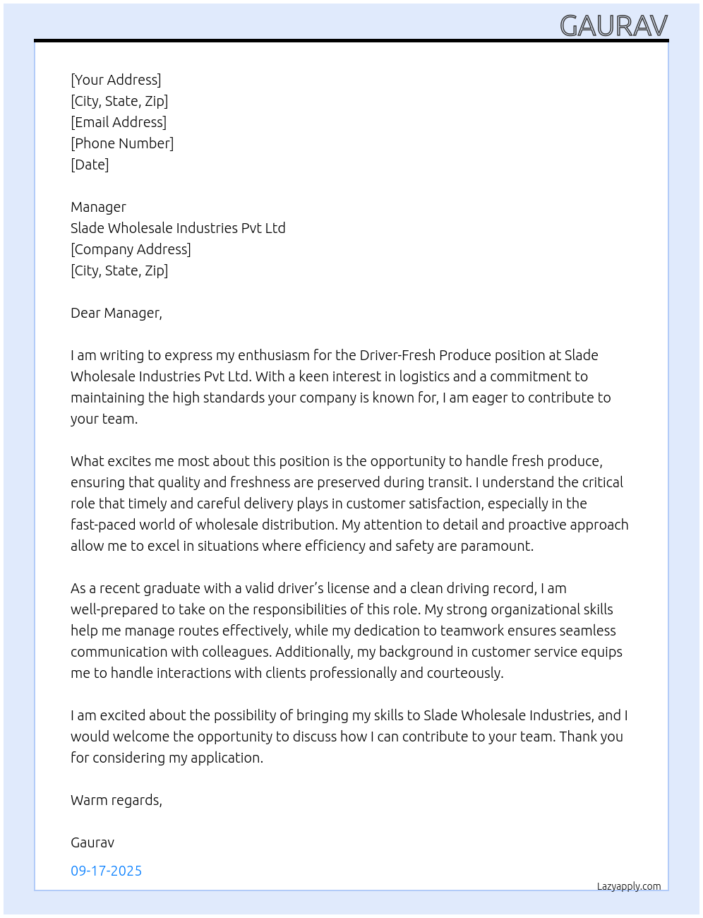 Cover letter for driver-fresh produce - LazyApply