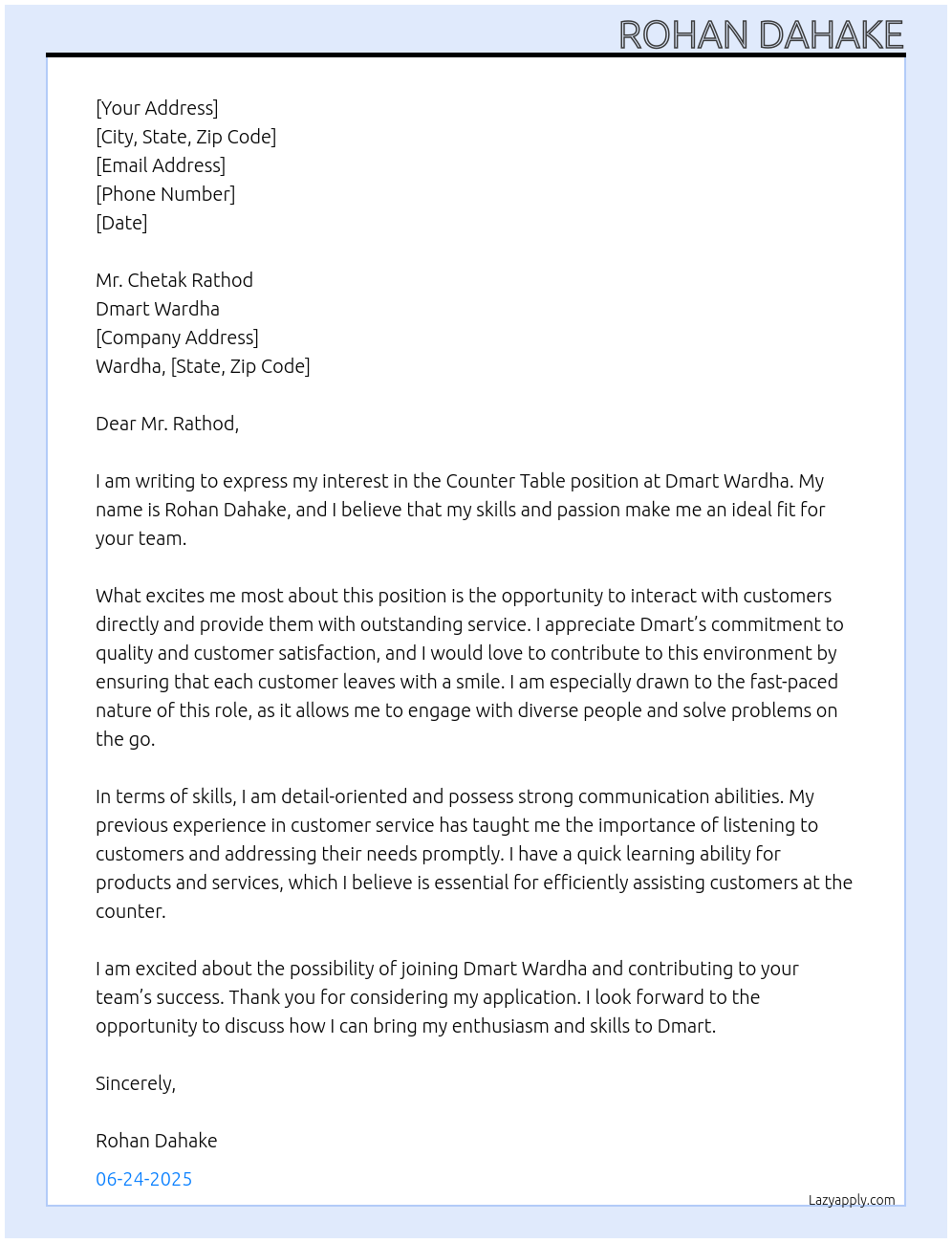 Cover letter for counter table - LazyApply