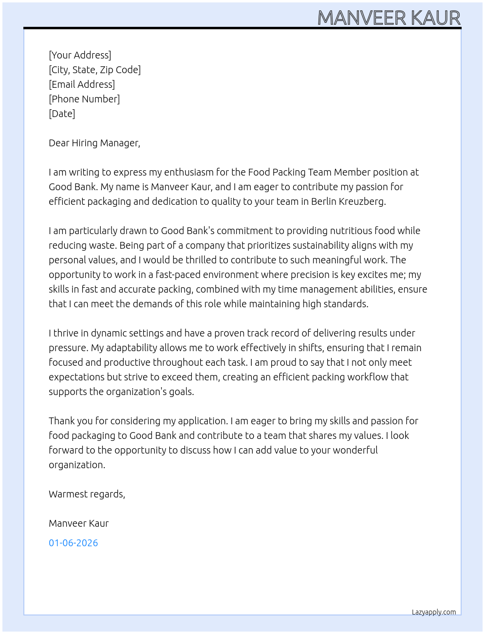 Cover letter for food packing team member - LazyApply