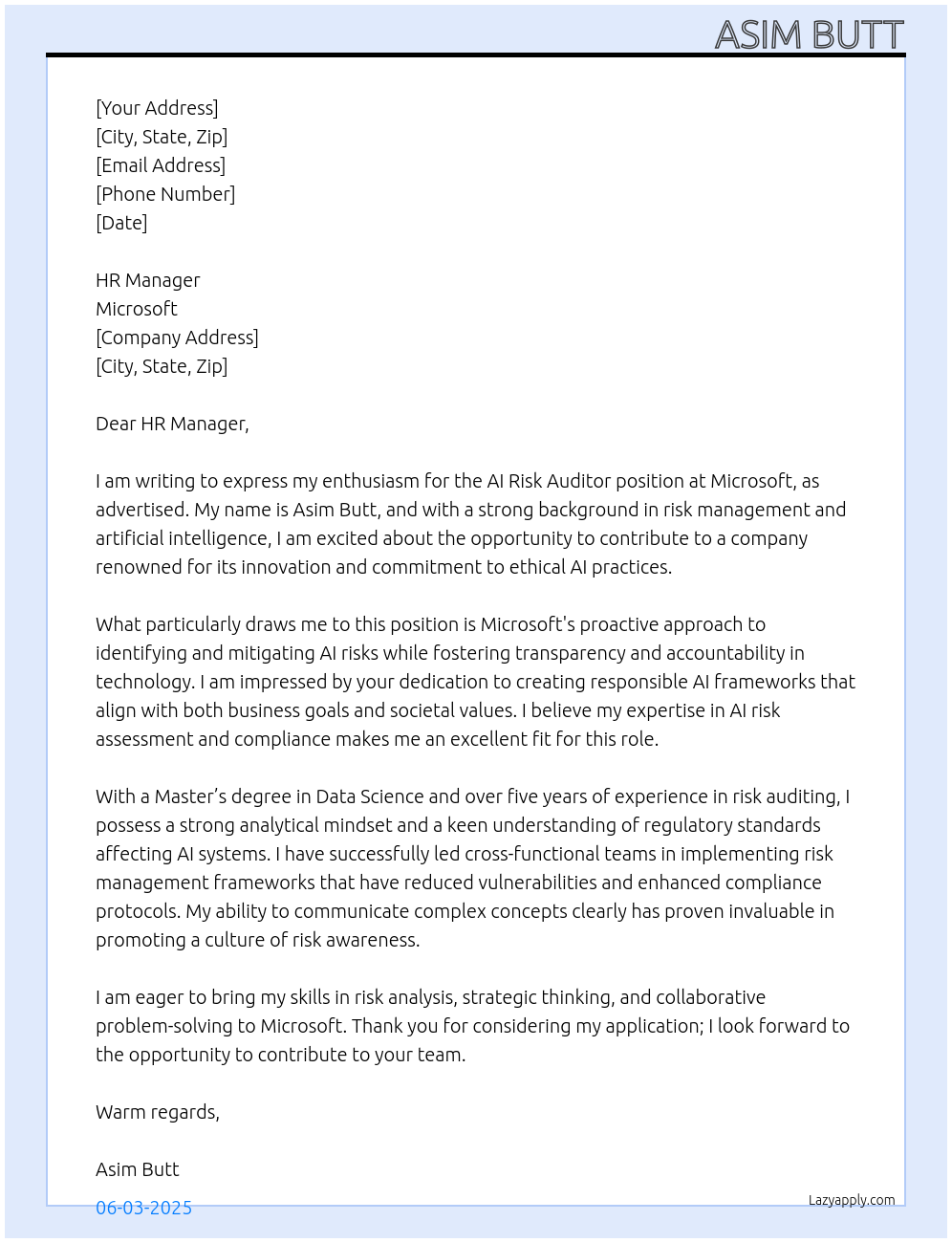 Cover letter for ai risk auditor - LazyApply