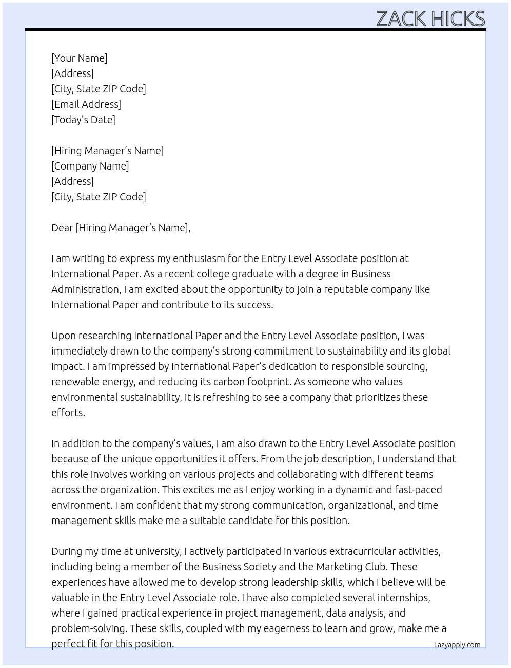 Cover letter for entry level associate - LazyApply