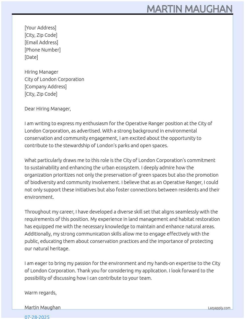 Cover letter for operative ranger - LazyApply