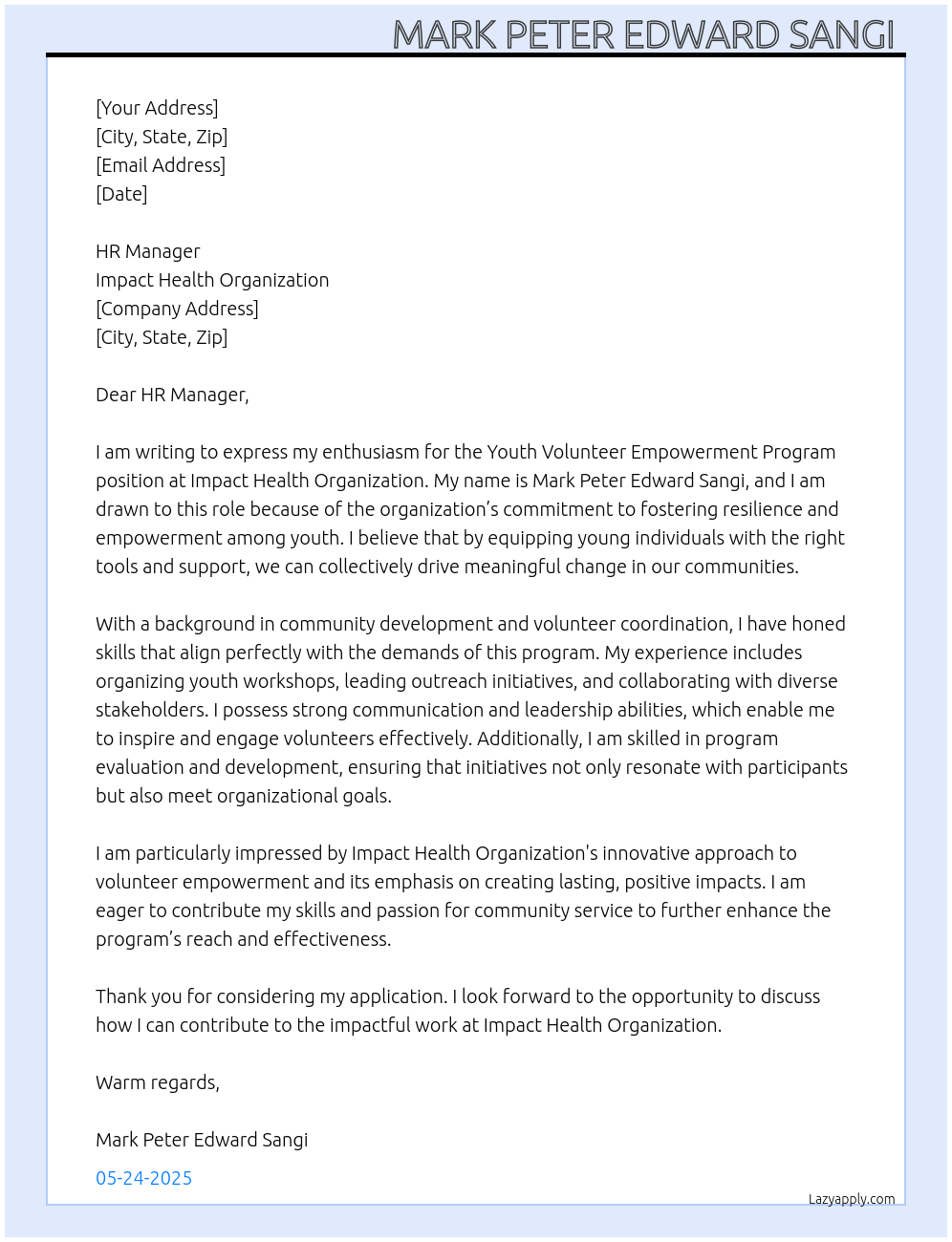 Cover letter for youth volunteer empowerment program - LazyApply