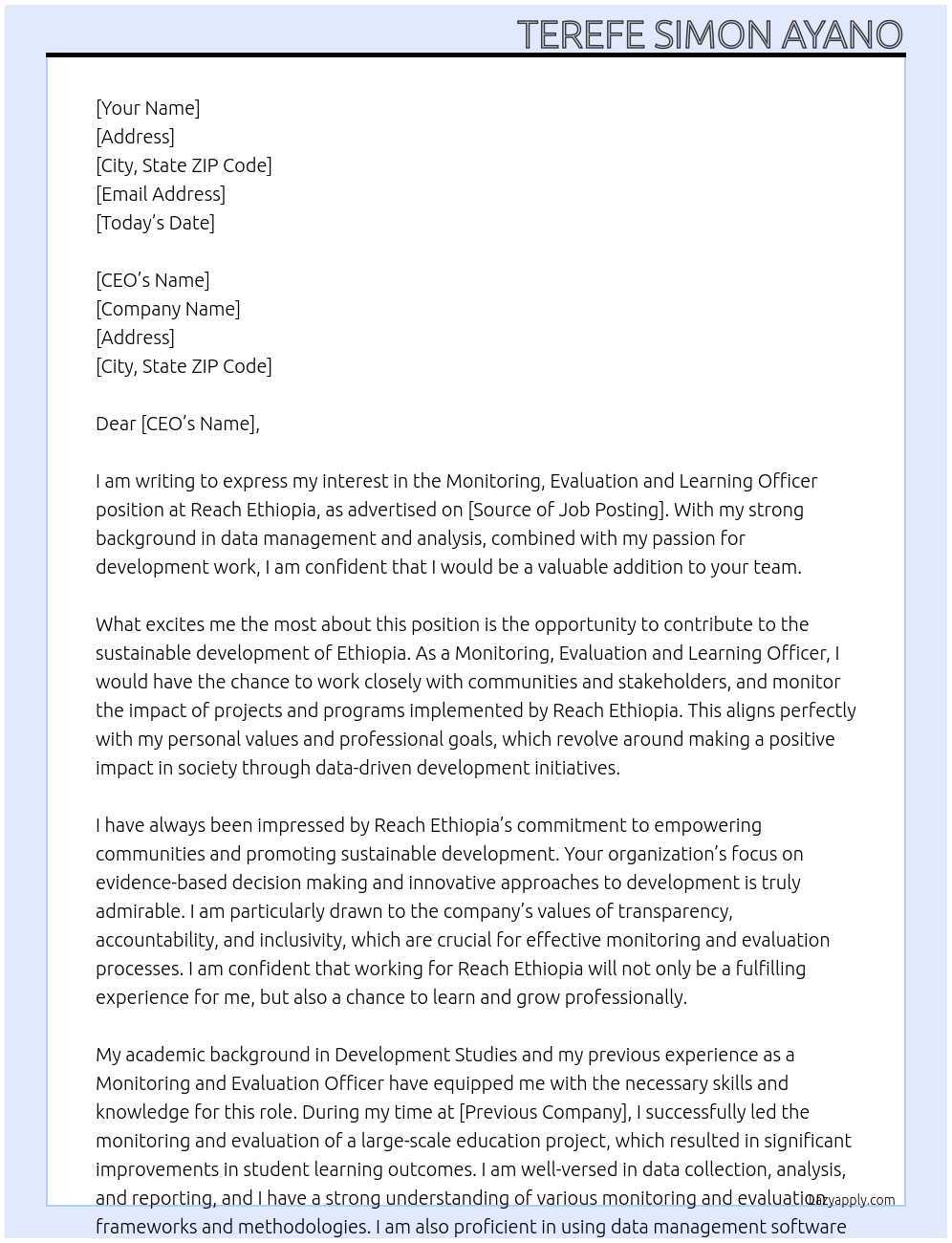 Cover letter for monitoring, evaluation and learning officer - LazyApply