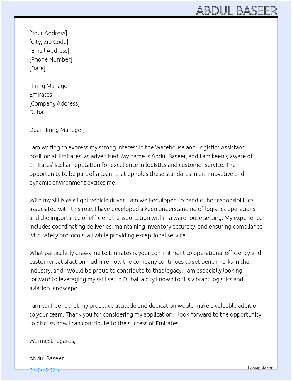 Cover letter for emirates wherehouse and logistics assistant - LazyApply