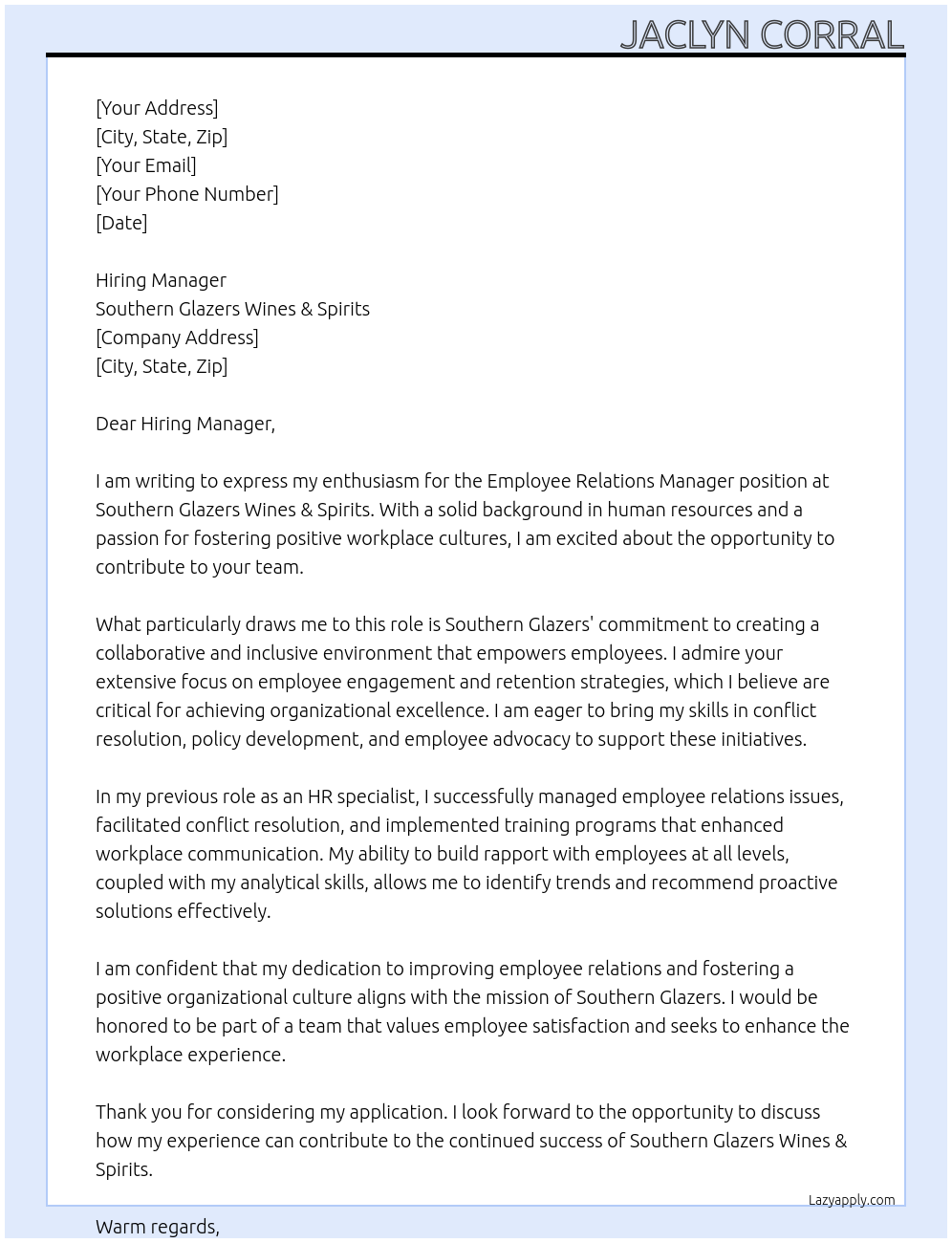 Cover letter for employee relations manager - LazyApply