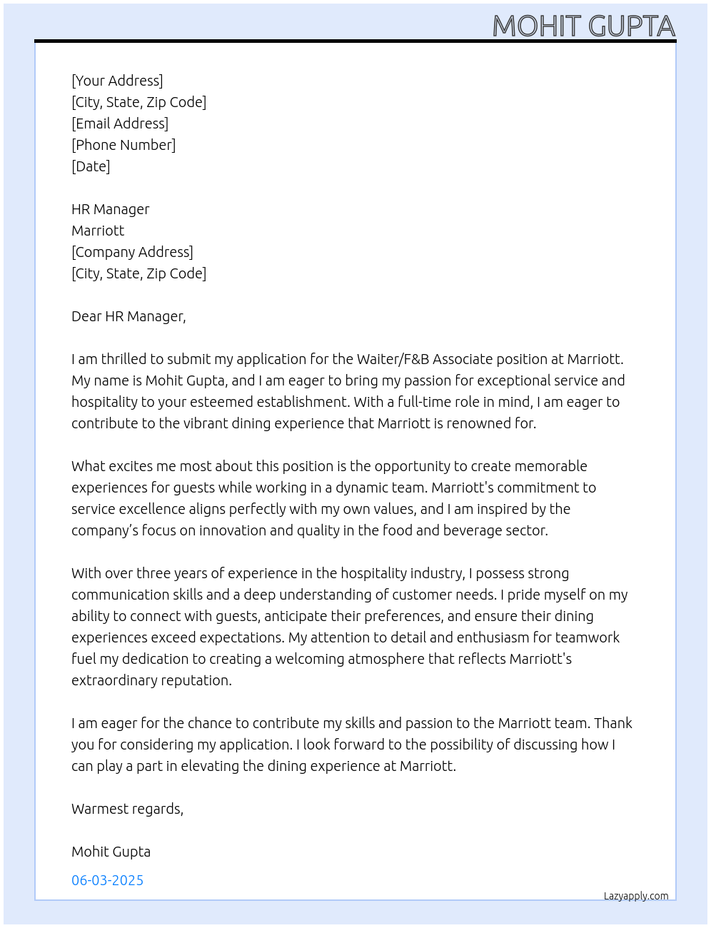 Cover letter for waiter or f&b associates - LazyApply