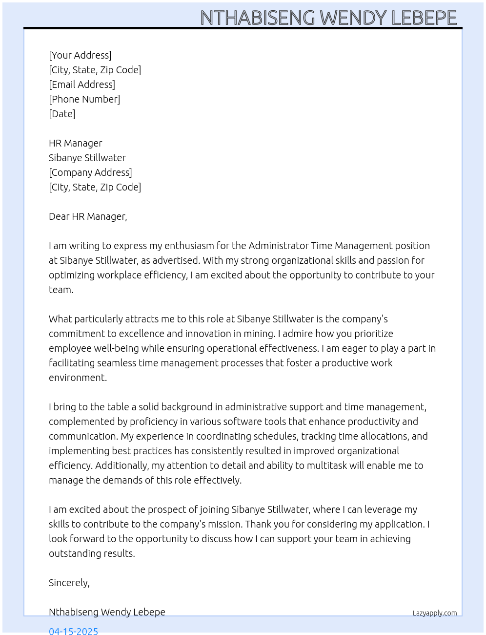 Cover letter for administrator time management cl - LazyApply