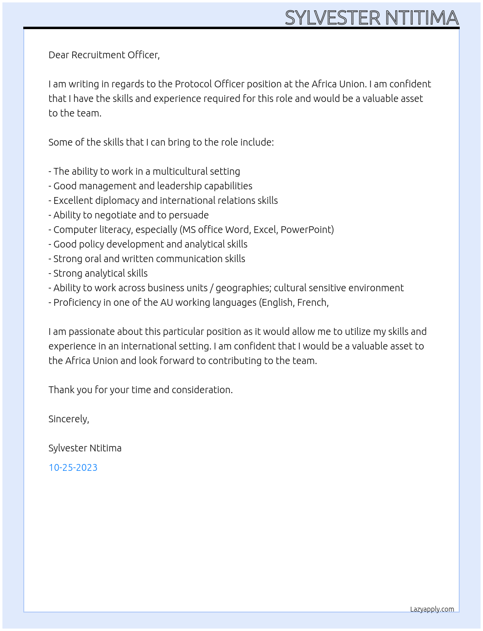 Cover letter for protocol officer - LazyApply