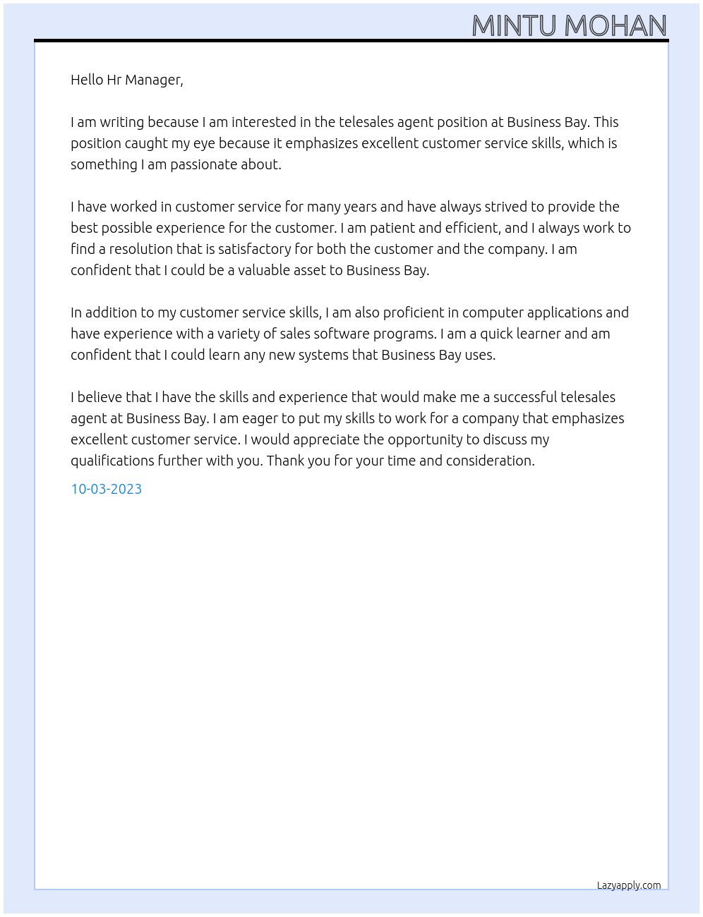 Cover letter for telesales agent - LazyApply