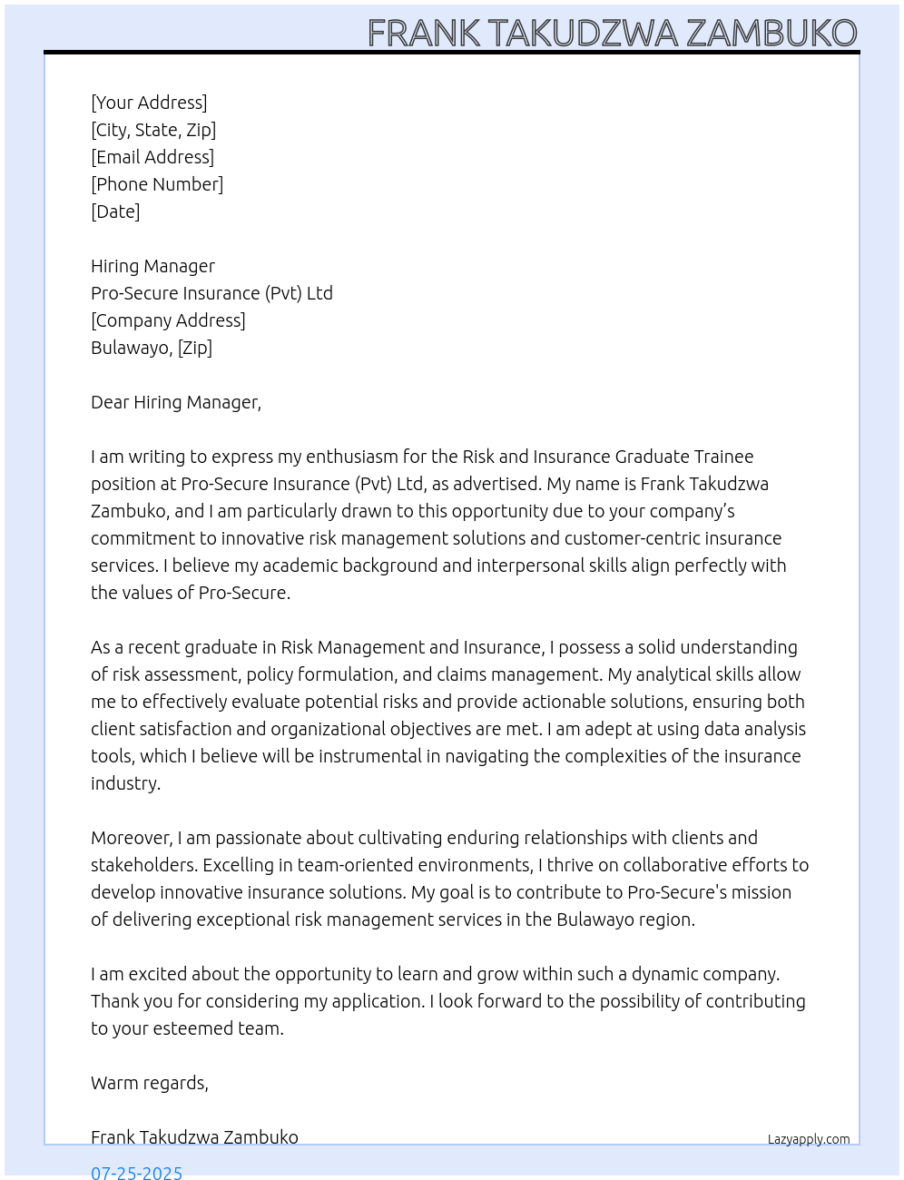 Cover letter for risk and insurance graduate trainee - LazyApply