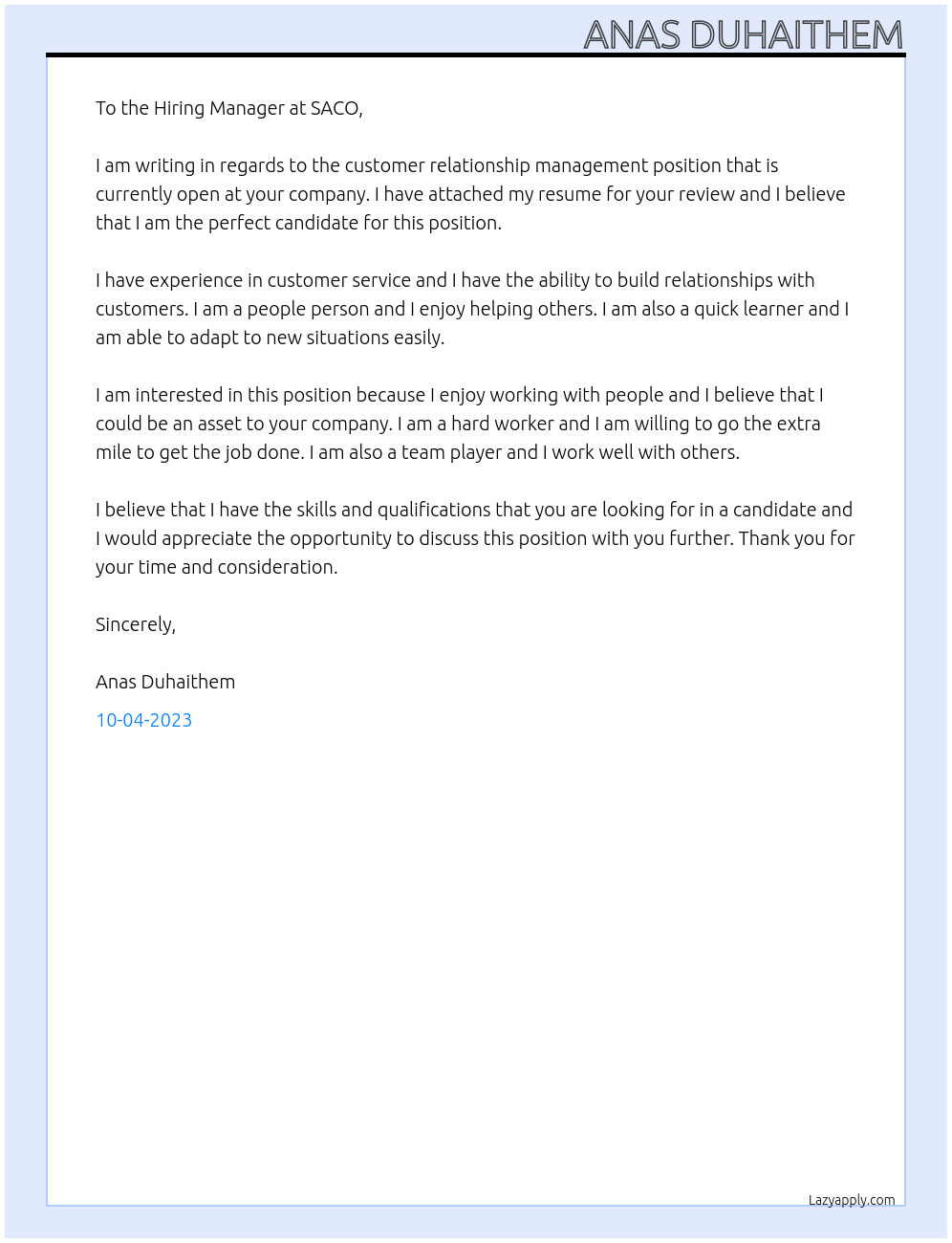 Cover letter for customer relationship management - LazyApply