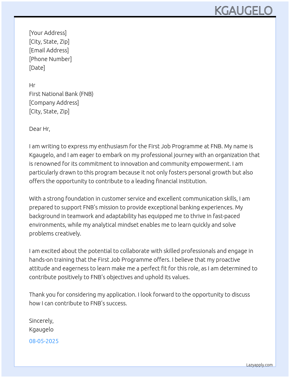 Cover letter for first job programme - LazyApply