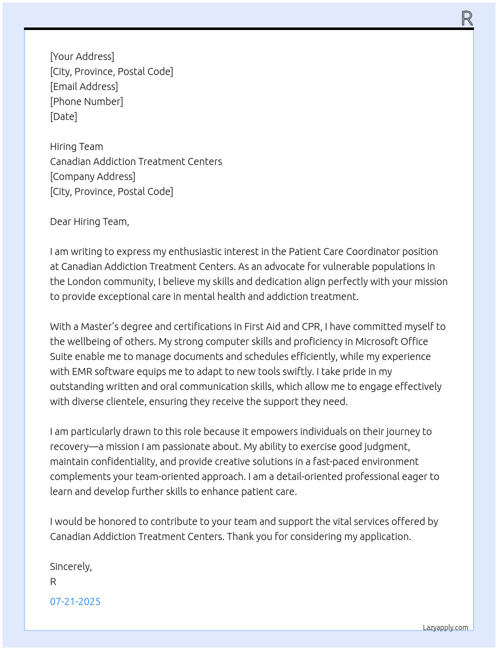 Cover letter for patient care coordinator - LazyApply