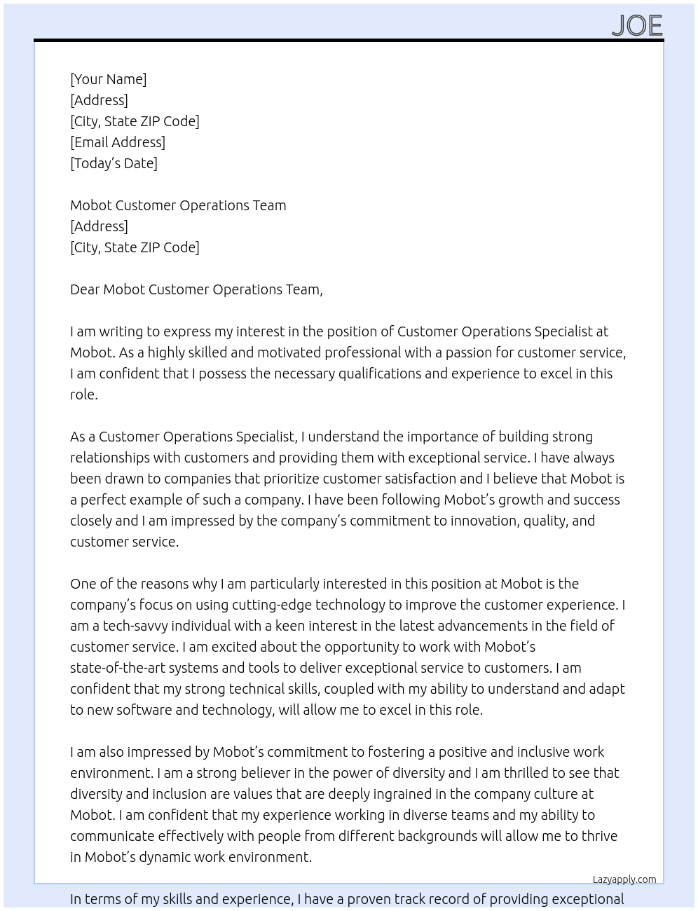 Cover letter for customer operations specialist - LazyApply