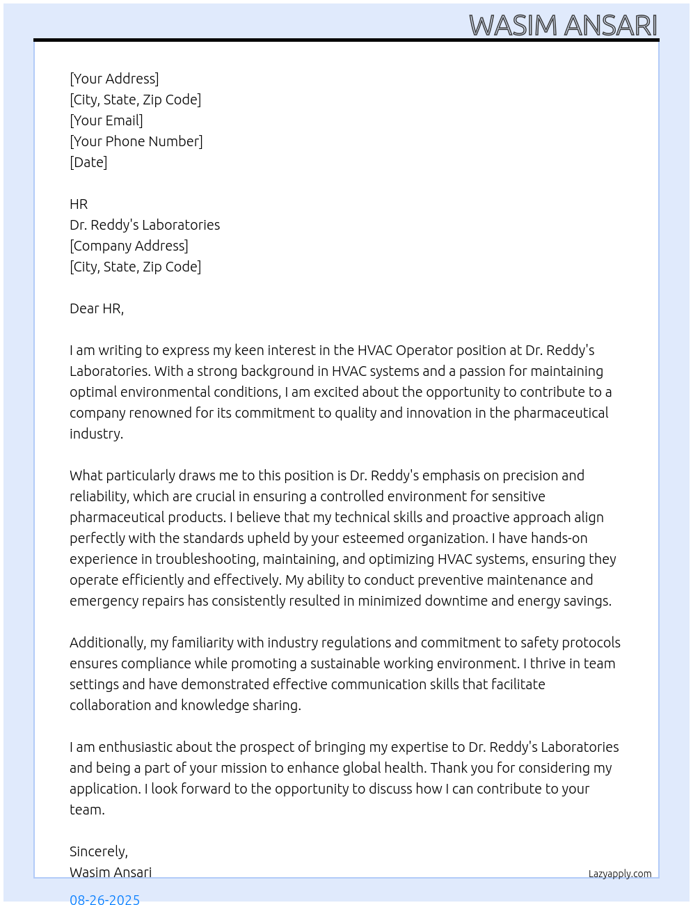 Cover letter for hvac operator - LazyApply